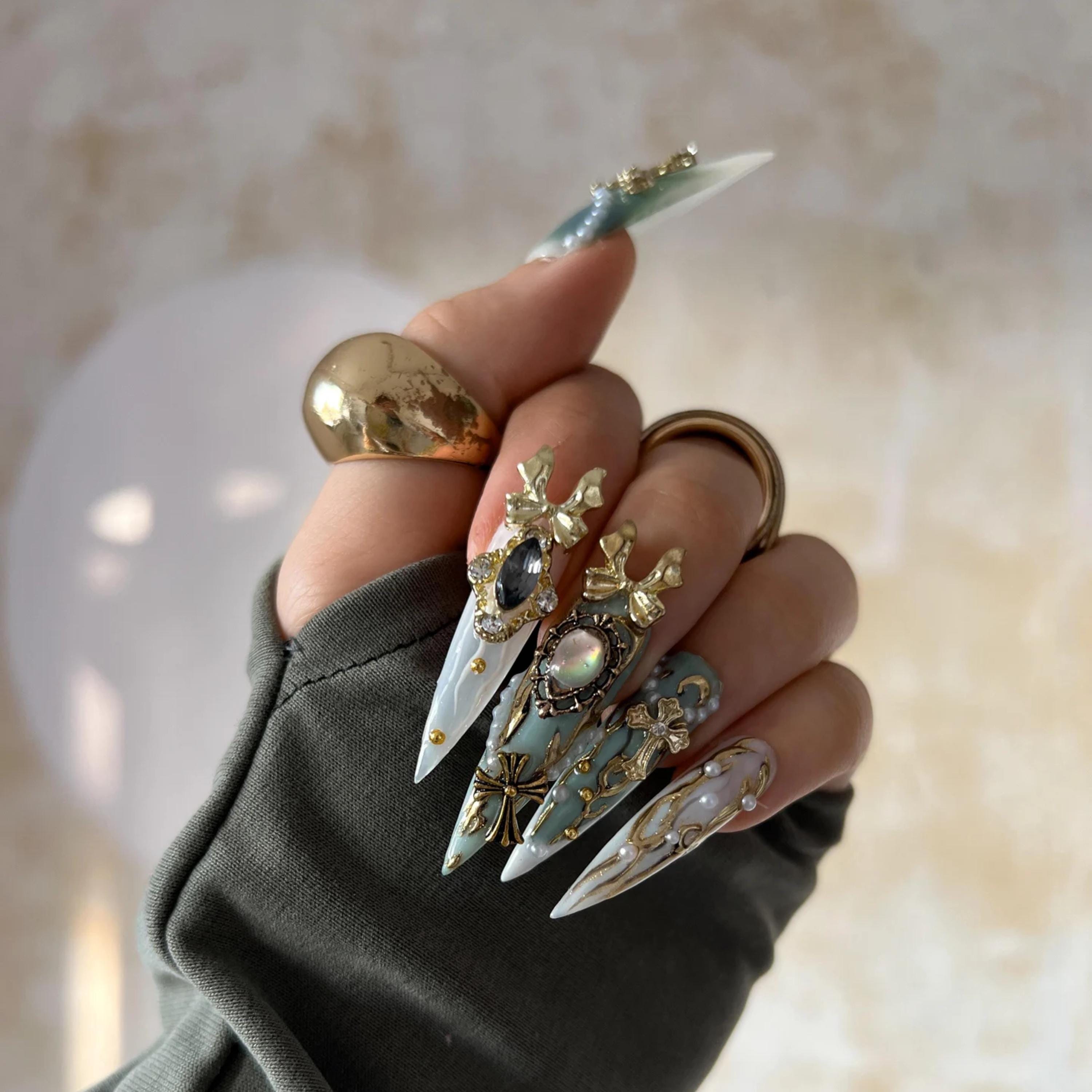 Ocean Crystal Press on Nails | Luxury Emerald and Black Crystal Nail ...