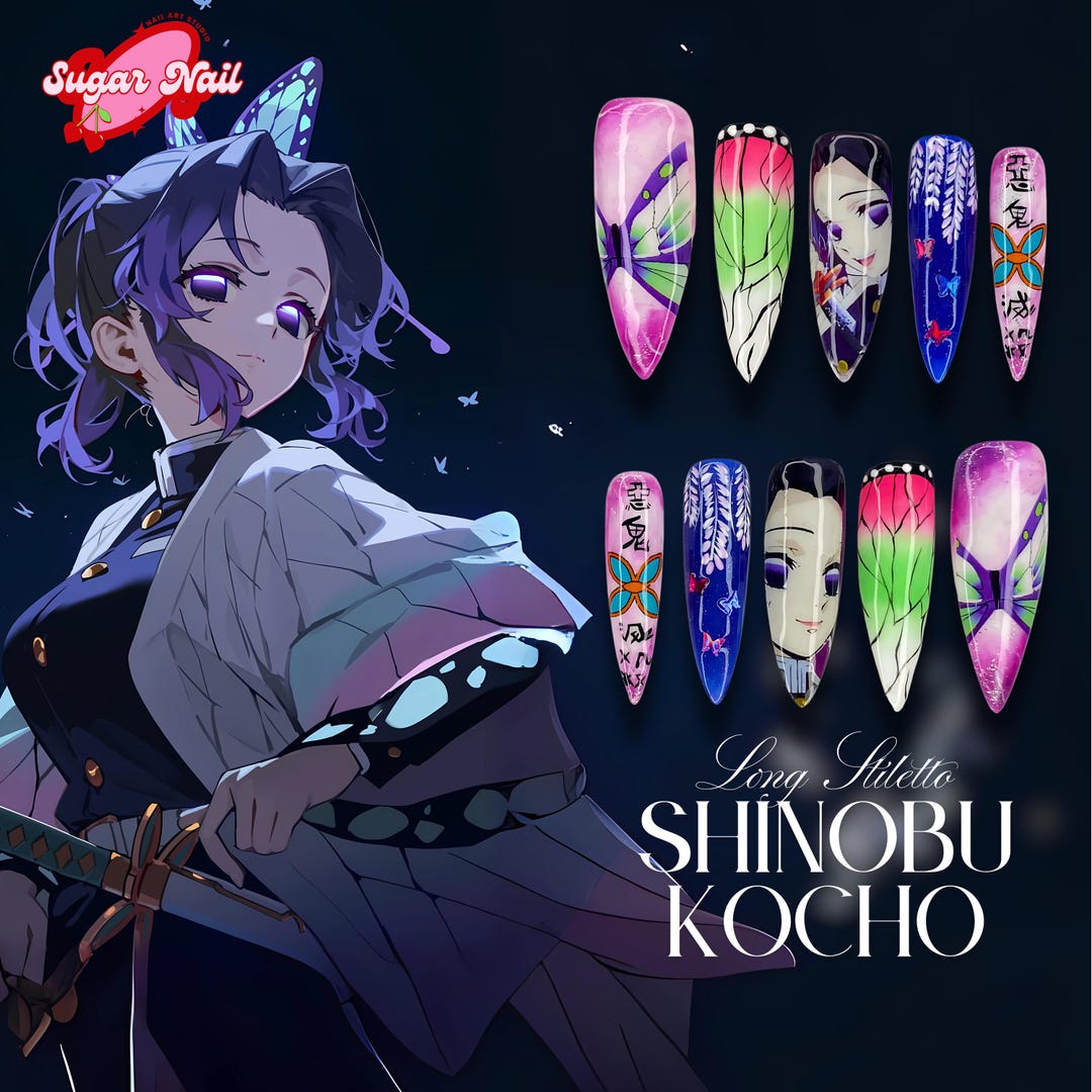 Kocho Shi.nobu Hashira Nails, Anime Girl Nails, Purple Insect Nails ...