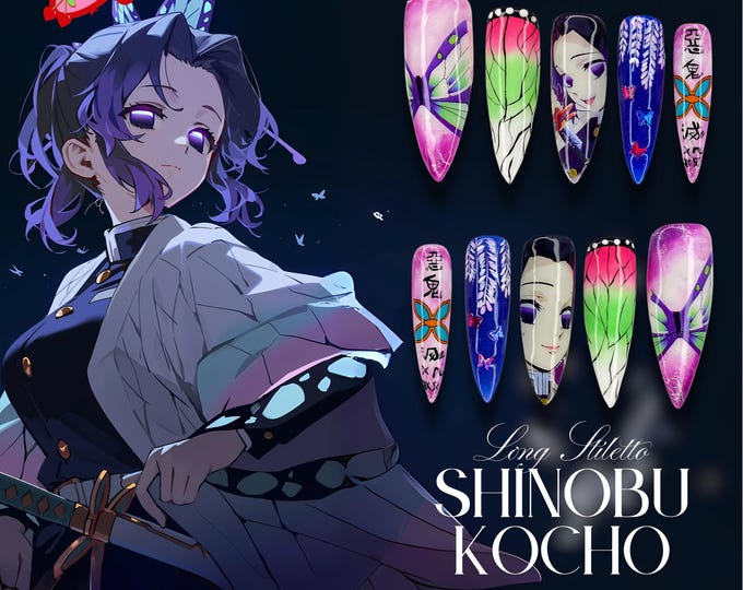 Shinobu Kocho Insect Hashira Press on Nails| Butterfly Cat Eye Nails ...