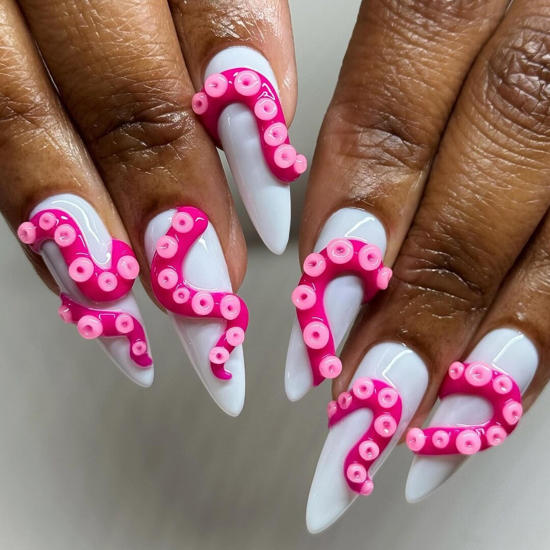 Bold Pink Octopus 3D, Ocean Inspired Press on Nails | Y2K Gel Nail Art ...