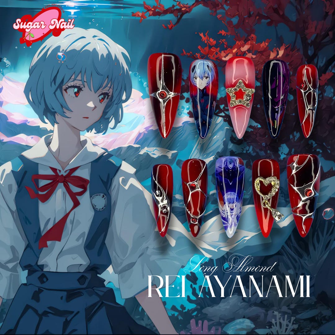R.ei Aya.nami Handmade Blue Hair Anime Girl Press on Nails, Red Eye ...
