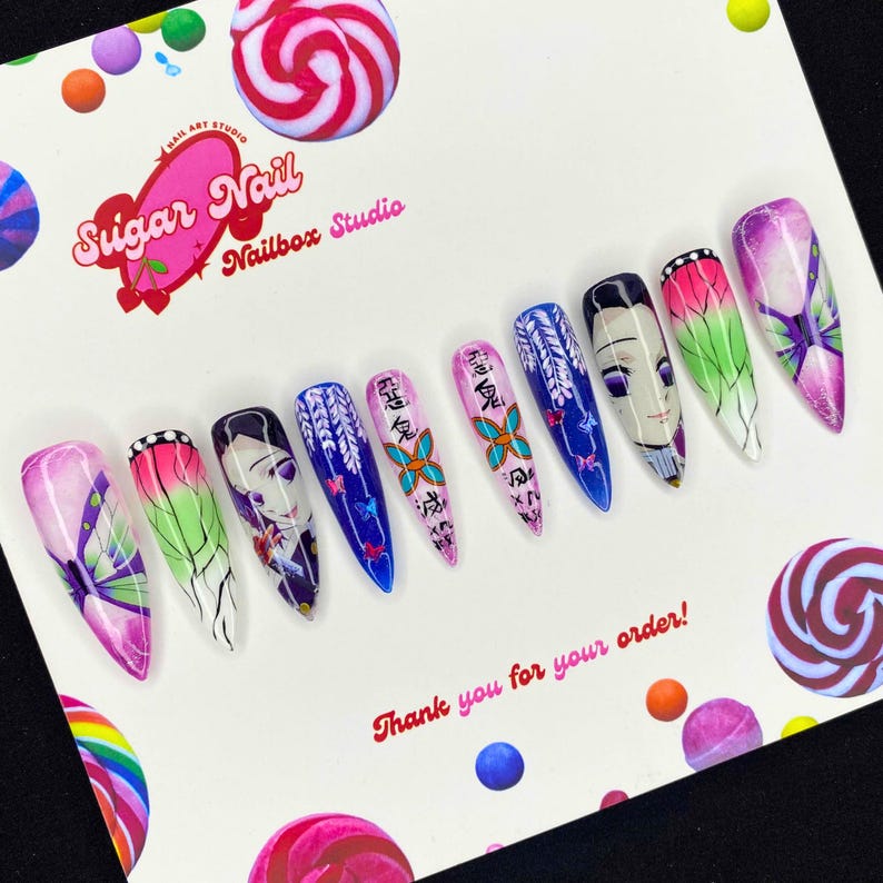 Kocho Shi.nobu Hashira Nails, Anime Girl Nails, Purple Insect Nails ...