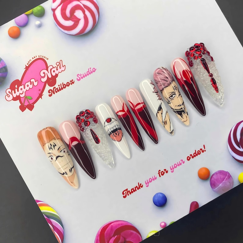 Cursed King Su.kuna Inspired Press on Nails, Red Black Anime Nails ...