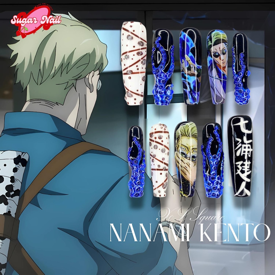 Nana.mi Ken.to Nails JJK, Juju.tsu Kai.sen Anime Nails, Blue White Long ...