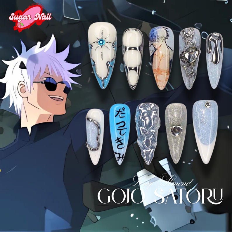 Limitless Touch Press-on Nails, Red Blue Silver Design With Anime ...