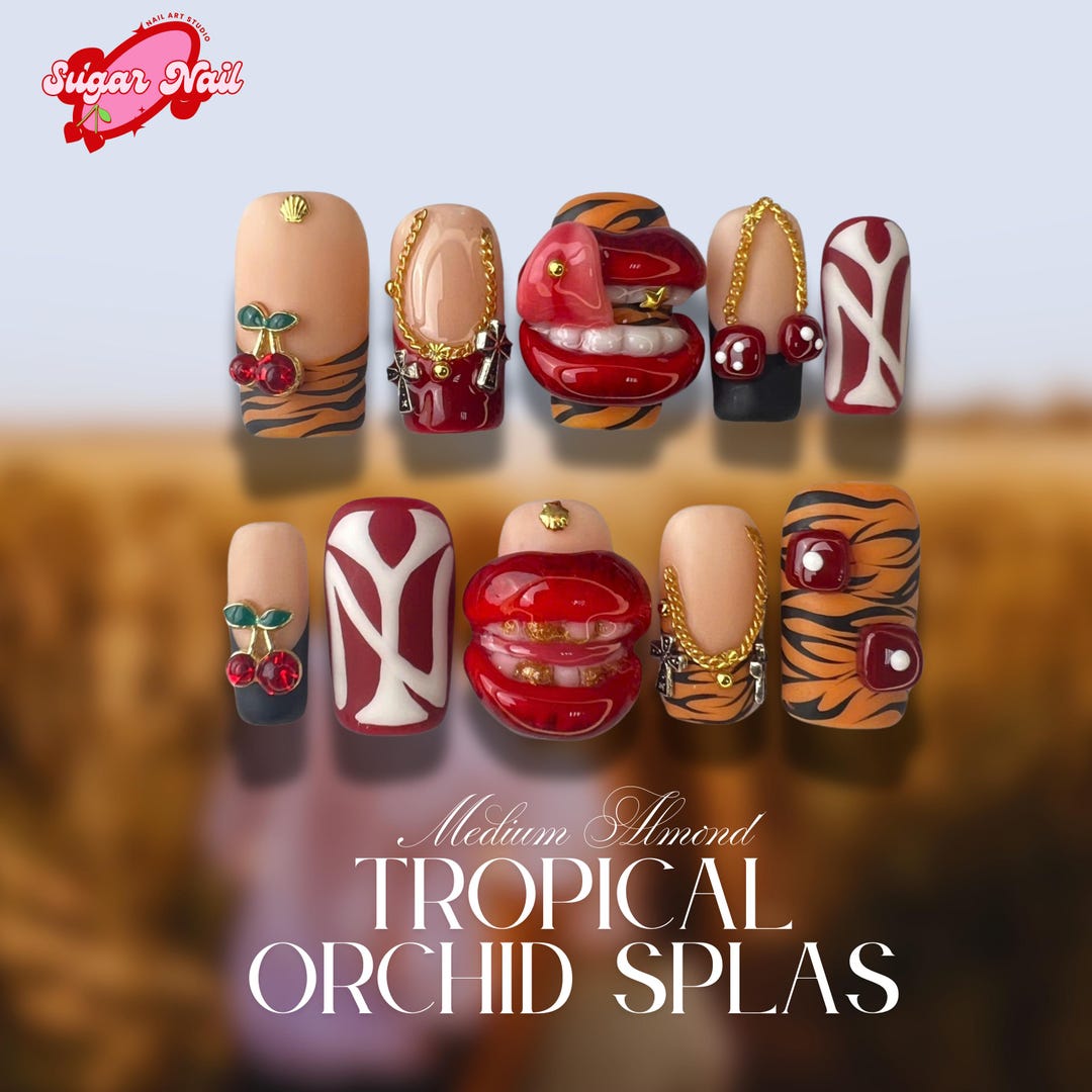 Cherry Tiger Glam, Y2K Red Lips & Chain 3D Nail Art, Press on Nails ...