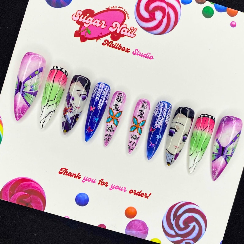Kocho Shi.nobu Hashira Nails, Anime Girl Nails, Purple Insect Nails ...