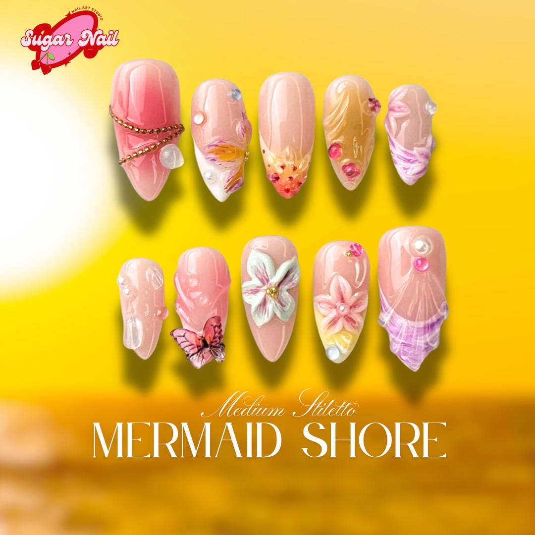 Pink Paradise Beach Press on Nails, 3D Floral Seashell Nail Art ...