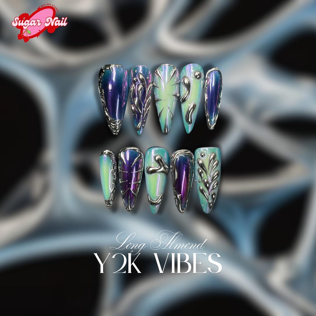 Y2K Blue Press on Nails – Hand Painted Almond Nails, 3D Dreamy Wedding ...