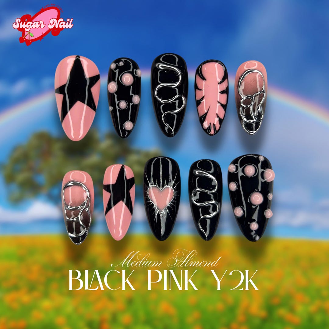 Black Pink Y2K Press on Nails, Almond Gothic Nails With 3D Heart, Cross ...