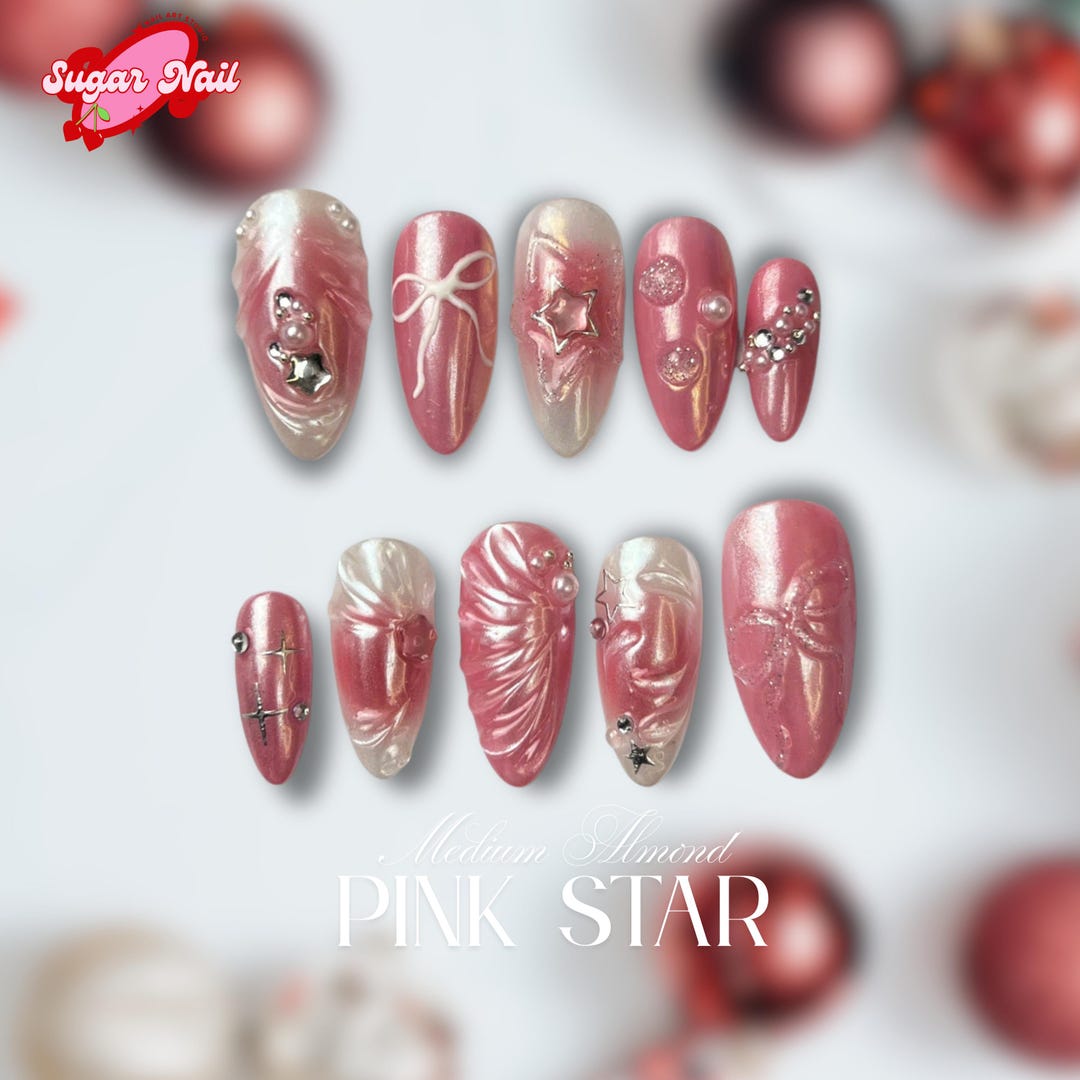 Red Star and Cute Bow, Baby Pink Daily Nail for Girl, Sweet Gifts for ...
