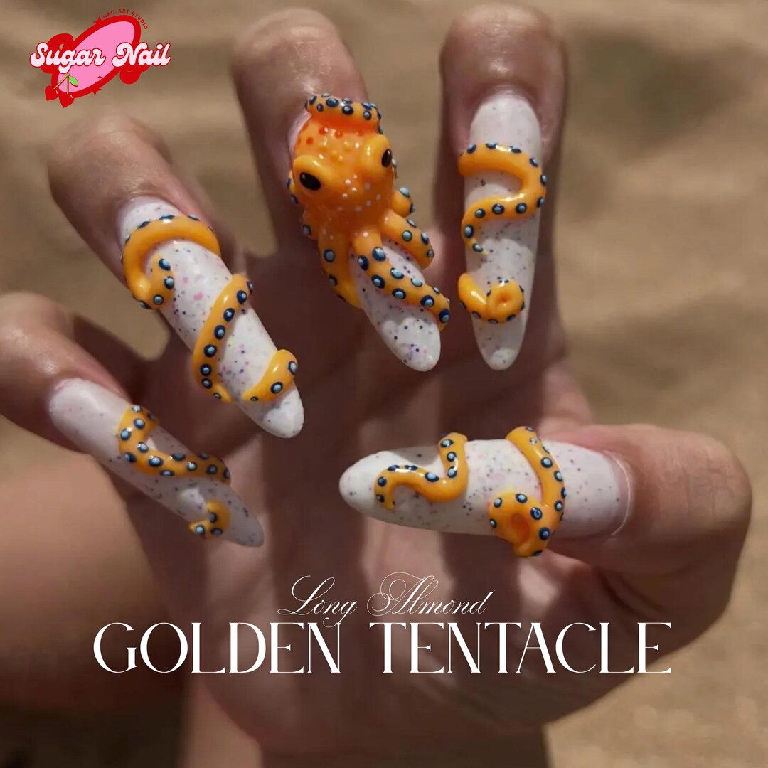 Octopus 3D on Nails, Yellow Marine Press on Nails, Long Nail, Real Life ...