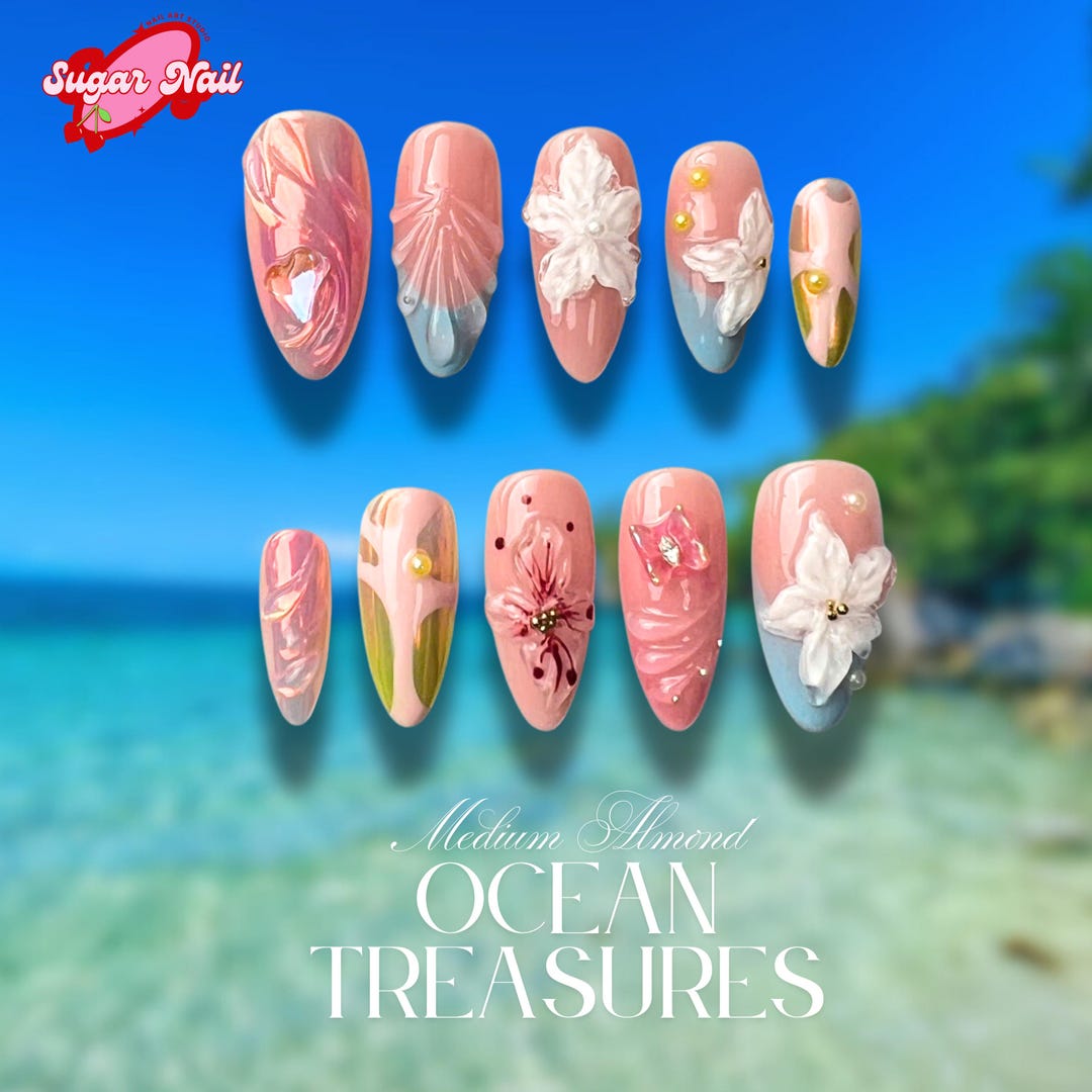 Pink Paradise Beach Press on Nails, 3D Floral Seashell Nail Art ...