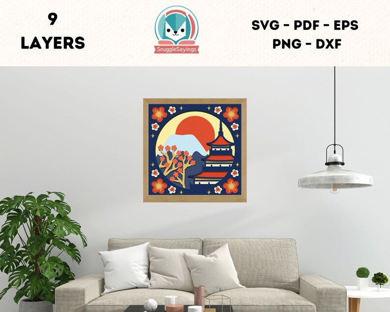 Japanese Pagoda 3D Shadow Box SVG Sunrise Sakura Fuji Lightbox Papercut ...