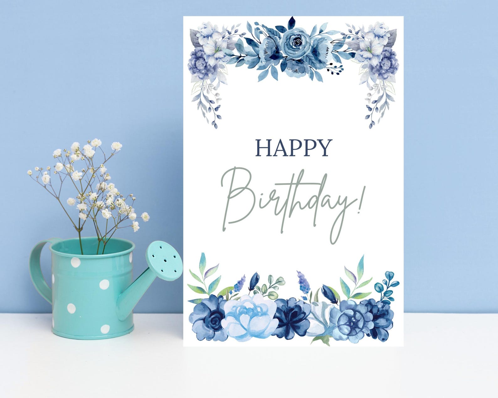 Blue Floral Watercolor Happy Birthday Card, Birthday Card, Printable ...