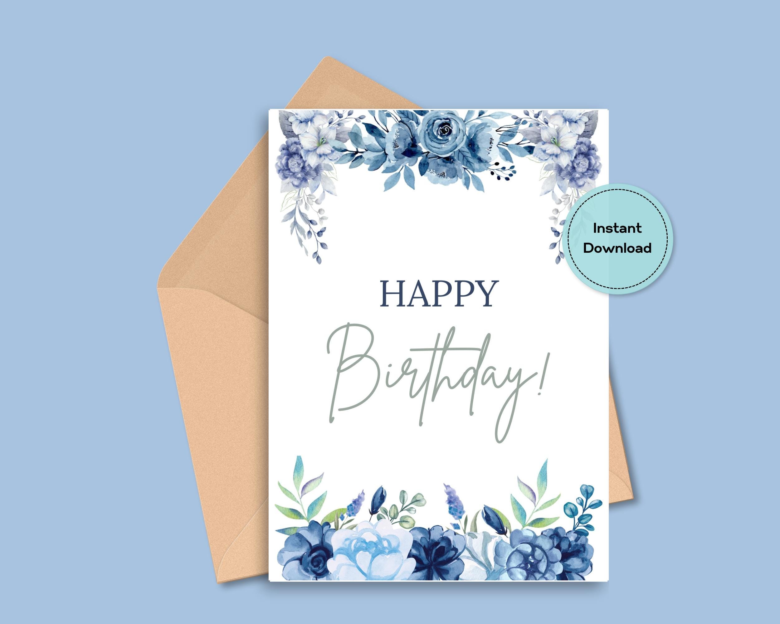 Blue Floral Watercolor Happy Birthday Card, Birthday Card, Printable ...