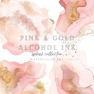 Pink & Gold Alcohol Ink Splashes, Transparent PNG, Watercolor Clipart ...