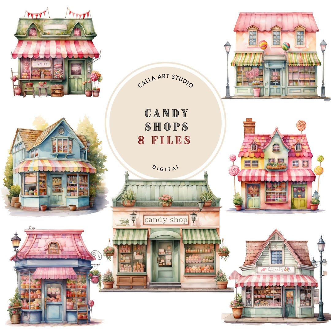 Candy Shop Watercolor Clipart, Vintage Shop PNG for Cardmaking ...