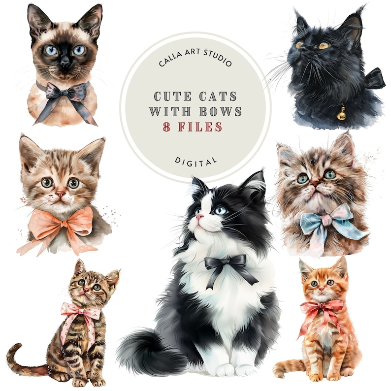 Cat With Bowtie Clipart Bundle, Cat Illustration, Kitten Clipart ...