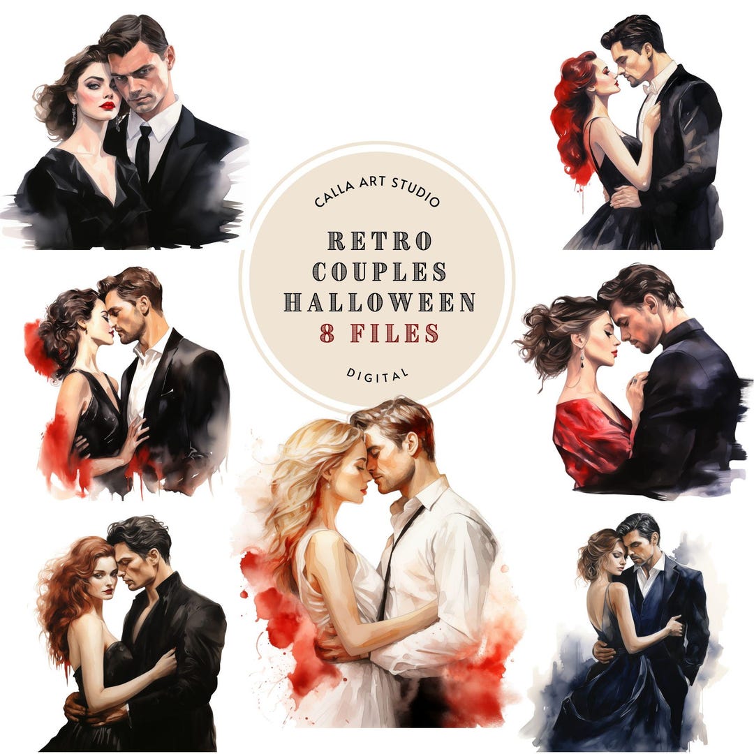 Retro Couples Clipart Bundle, Halloween Party PNG, Watercolour Couple ...
