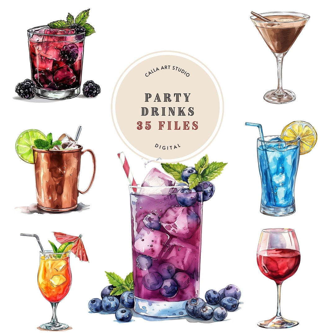 Party Drinks Clipart for Wedding Bar Menu, Watercolor Clipart, Cocktail ...