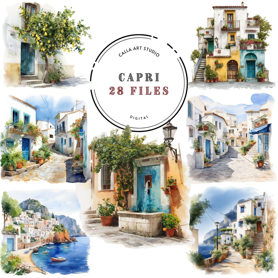 Capri Watercolor Clipart, Village Houses PNG, Italian Village Street ...