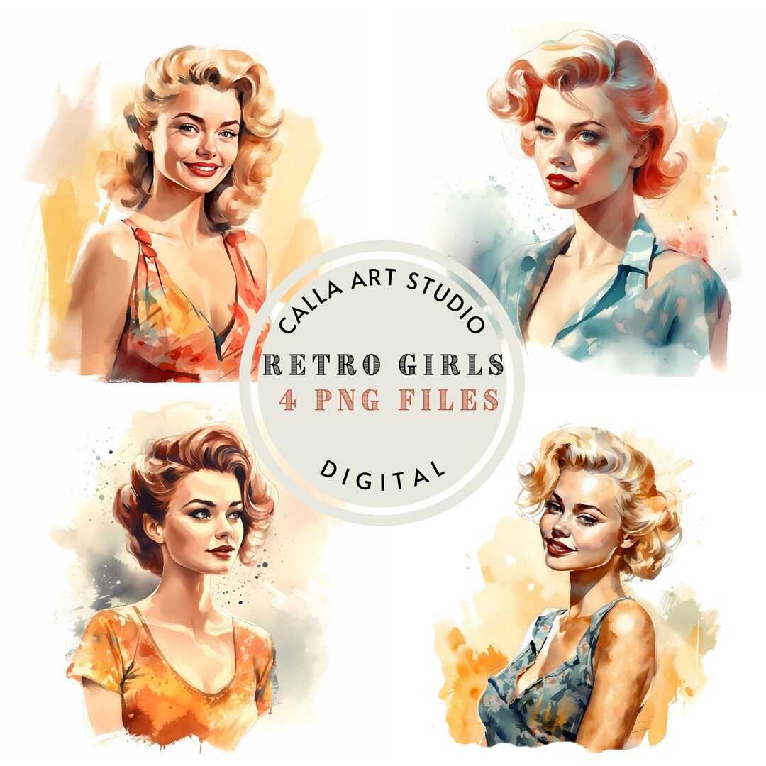 Watercolor Retro Girls Clipart Bundle Image of a Girl Wall Art People ...