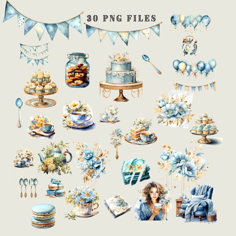 Watercolor Tea Party Clipart Bundle, Blue Florals Clip Art, Birthday ...
