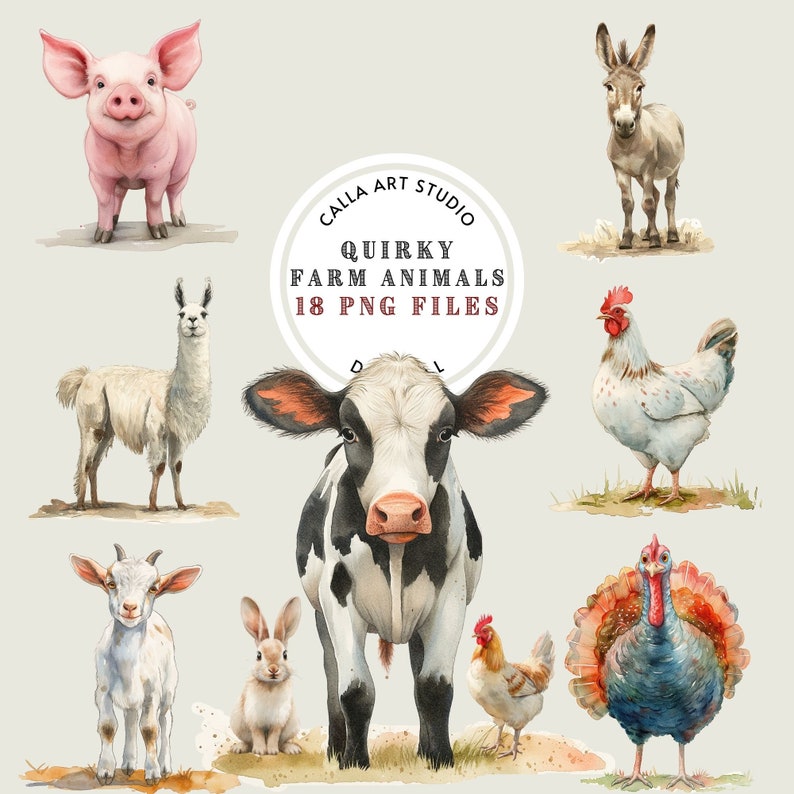 Quirky Farm Animals Watercolor Clipart, Cow, Pig, Sheep, Card Making ...
