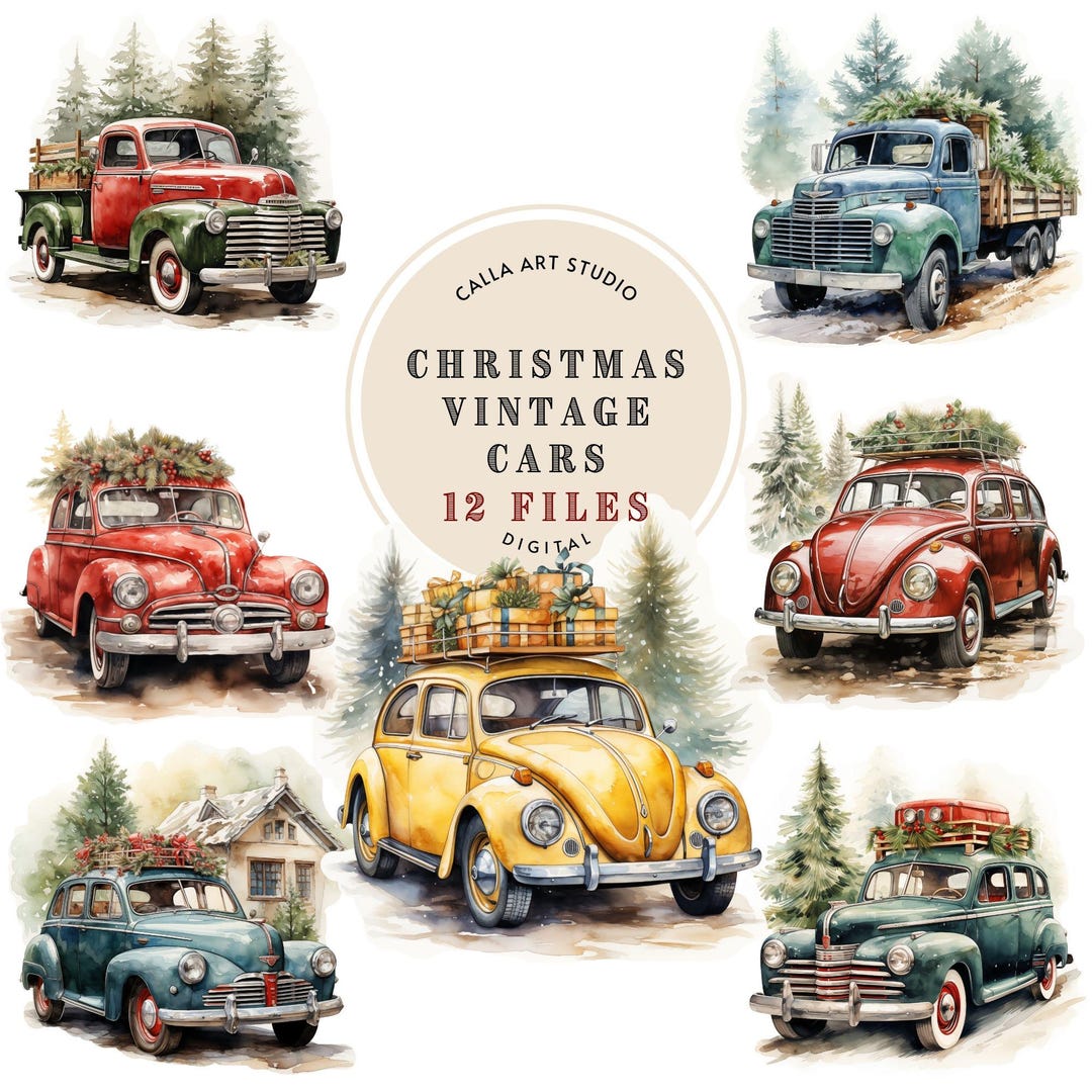 Christmas Vintage Car Clipart Images, Digital Clipart for Cards Crafts ...