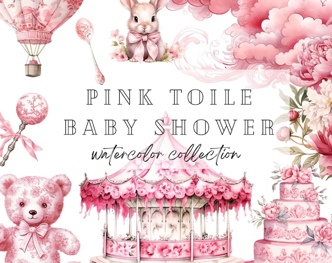 Pink Toile De Jouy Baby Shower Clipart, French Pink Floral Clipart ...