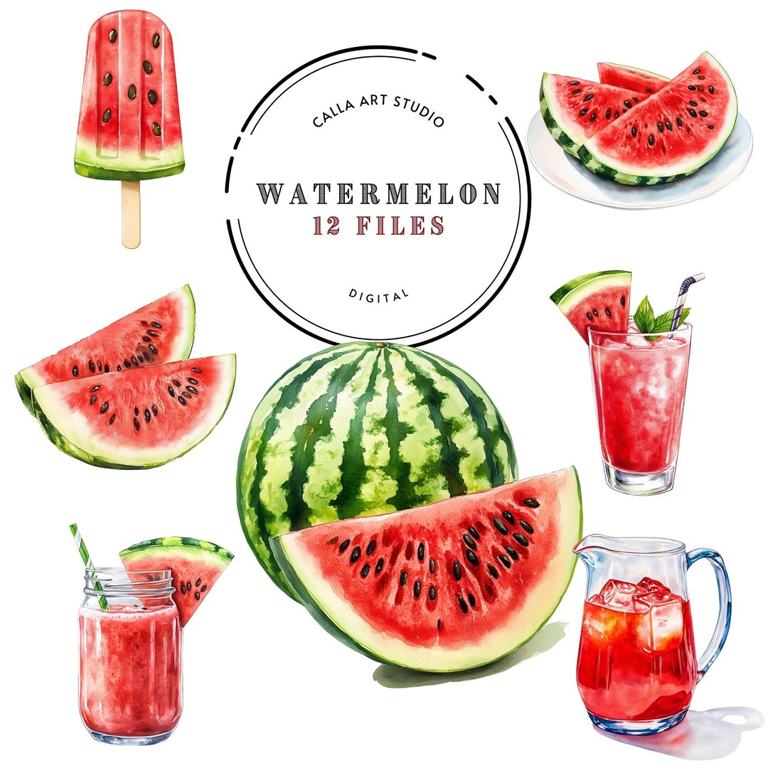 Watermelon Clipart Set, Watercolor Fruit Pngs, Summer Food, Popsicle ...