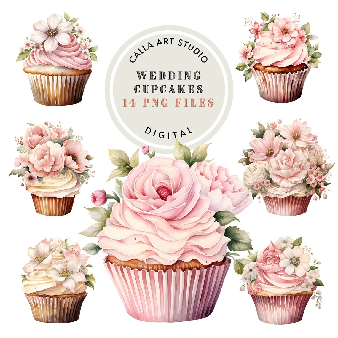 Watercolor Floral Cupcake Clipart Set Digital PNG Images for Wedding ...