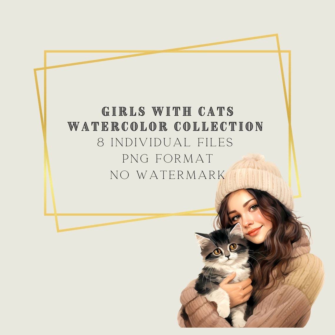 Watercolor Girls With Cats Clipart Bundle, Cat Lover Illustrations ...