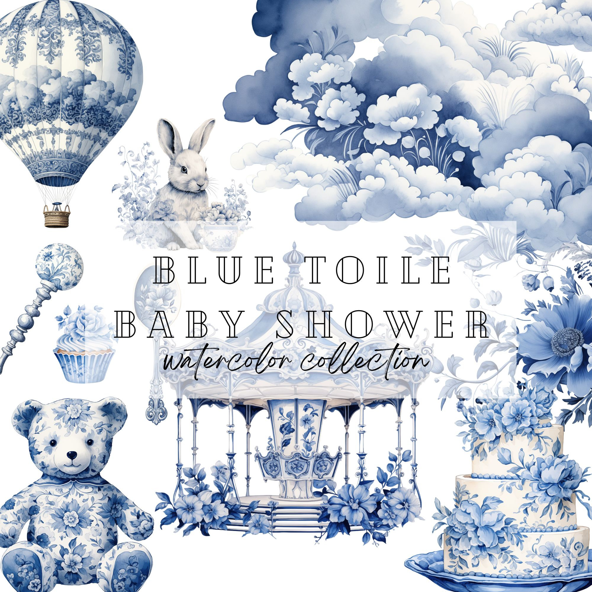 Blue Toile De Jouy Baby Shower Clipart, French Blue Floral Clipart ...