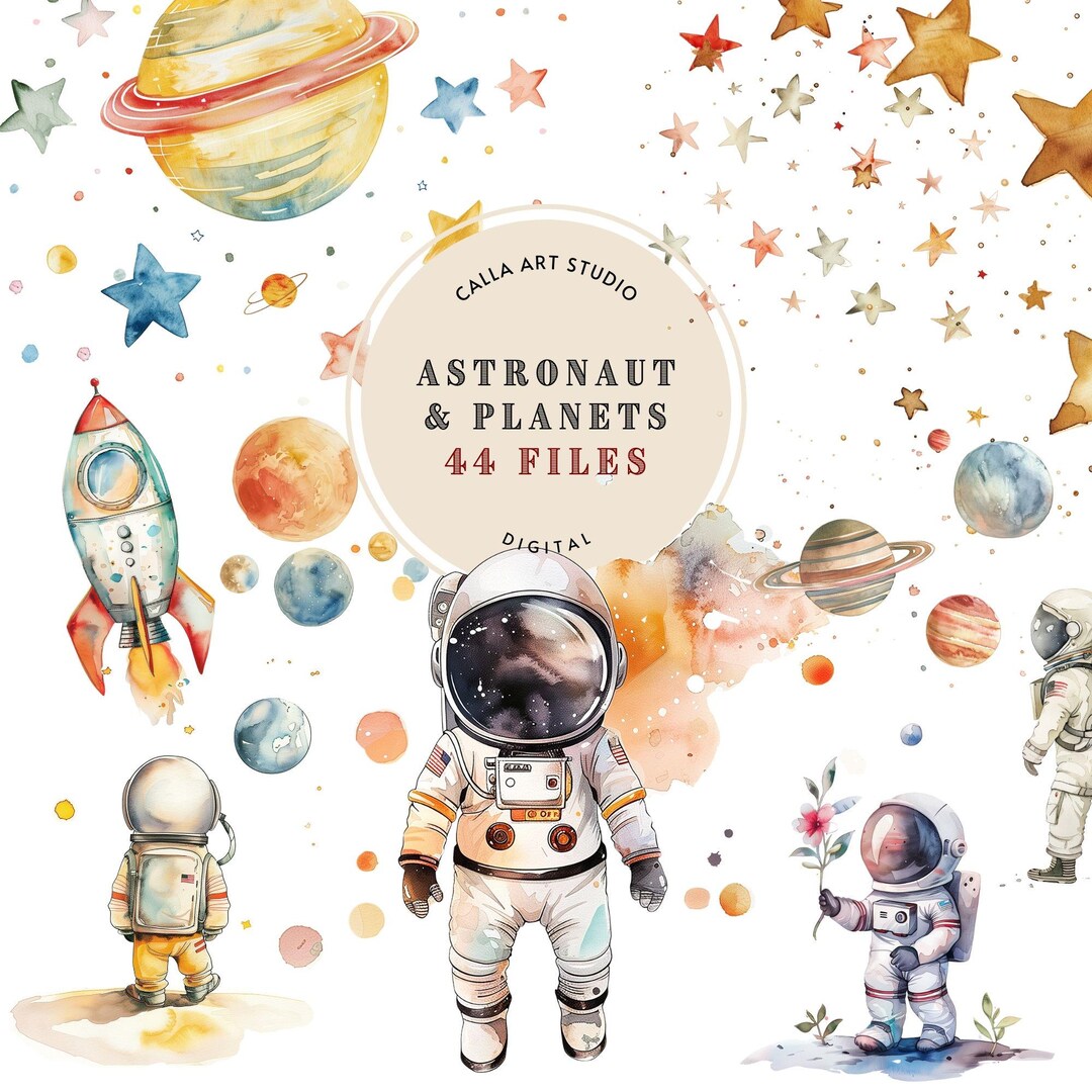 Space Watercolor Clipart, Cute Astronaut PNG, Outer Space, Birthday ...