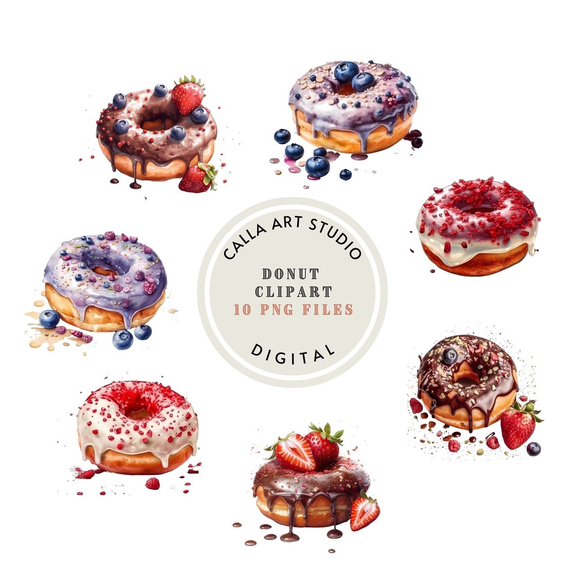 Watercolor Donut Clipart Bundle Sweet Bakery Food Clip Art Birthday ...