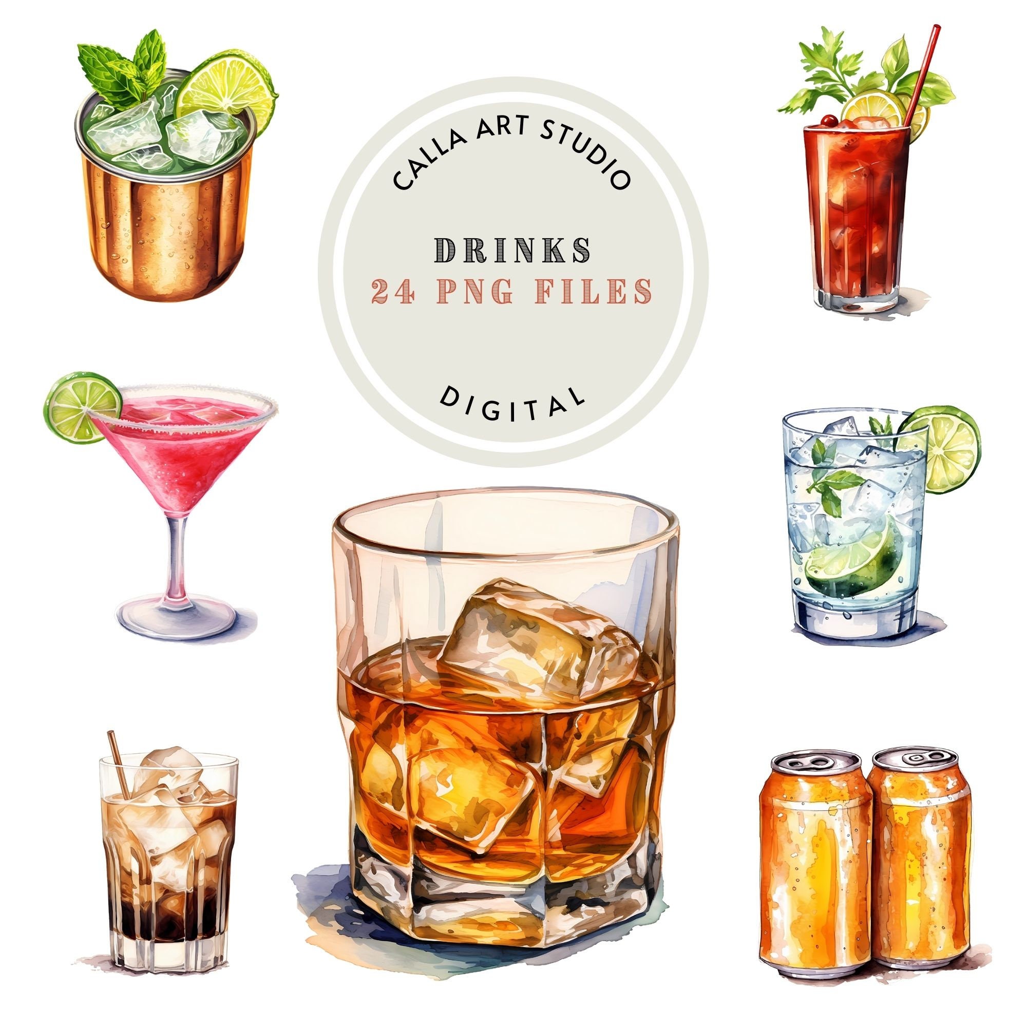 Watercolor Cocktails Clipart Bundle for Wedding Bar Menu Drinks PNG ...