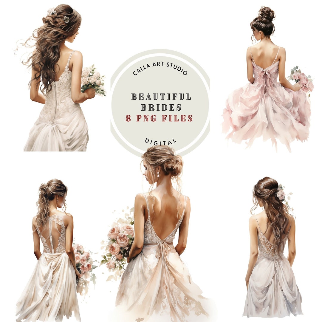 8 Watercolor Bride Backview Images, Wedding Clipart PNG, Wedding Decor ...