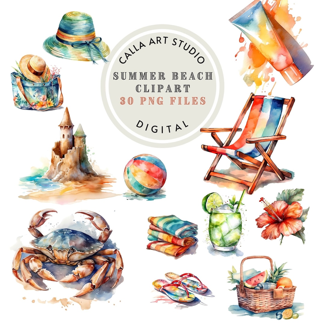 Summer Beach Clipart Bundle PNG Ocean Clipart Watercolor Summer Holiday ...