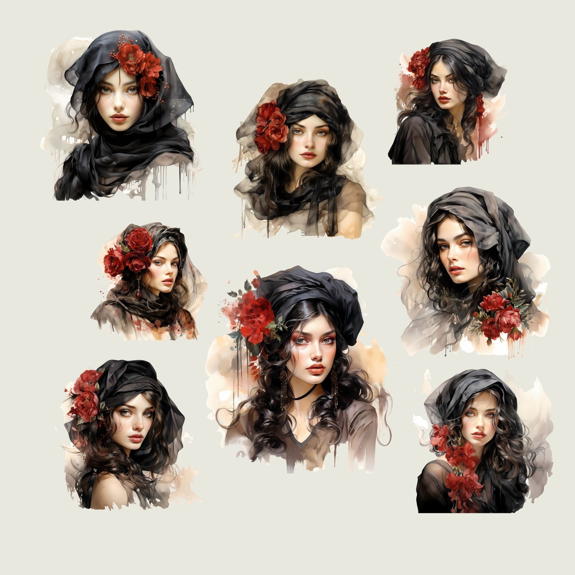 Vintage Ladies With Red Rose Clipart Graphics for Crafting Prints ...