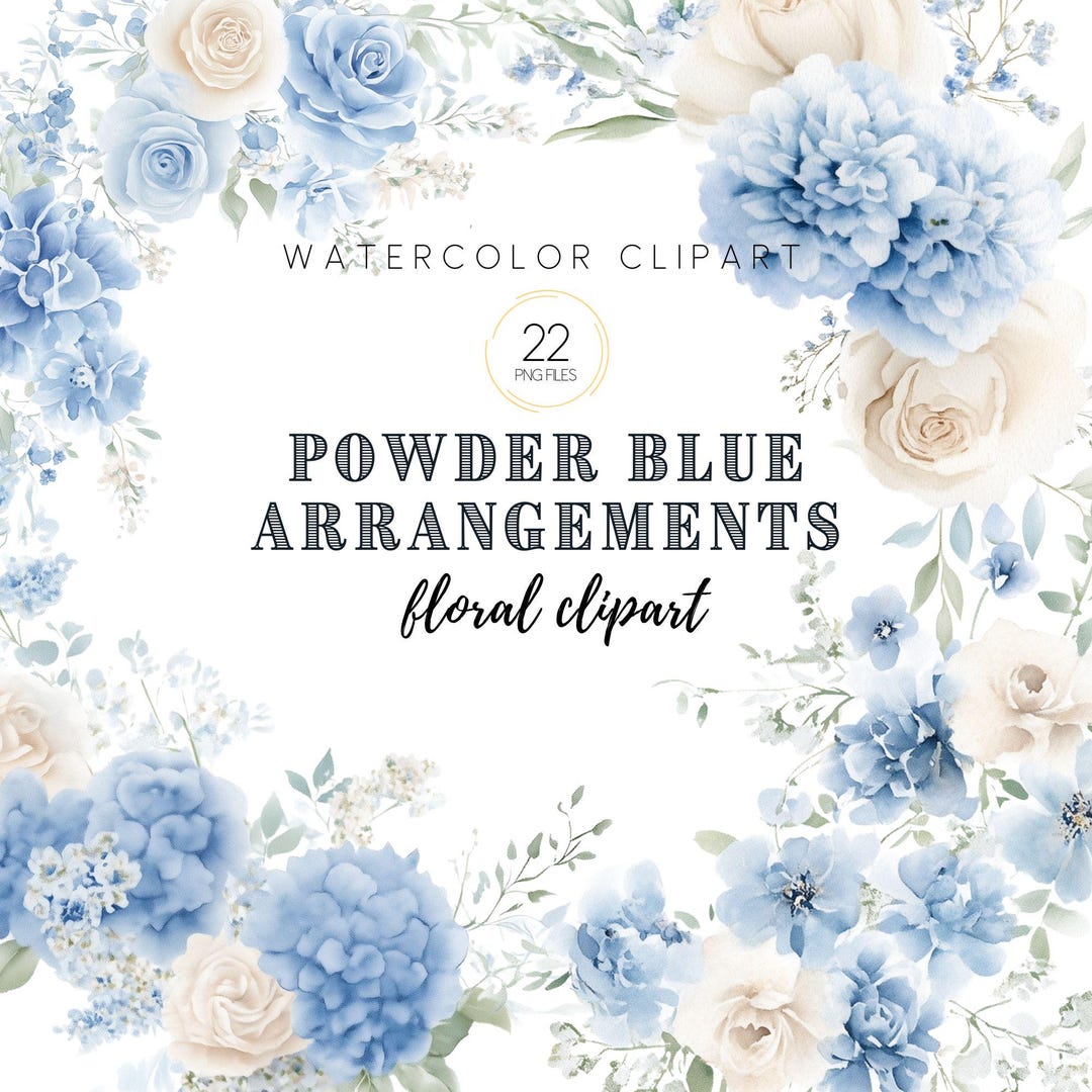 Powder Blue Floral Clipart Bundle, Watercolor Blue Flower Bouquets PNG ...