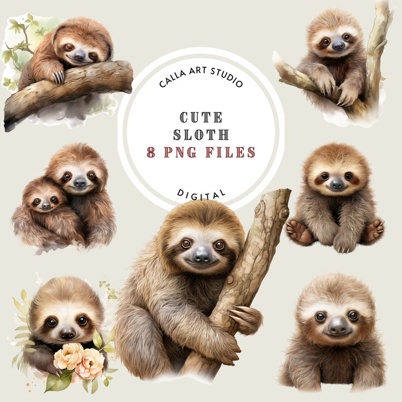 Watercolor Sloth Clipart Bundle, Cute Sloth PNG, Exotic Animal Image ...