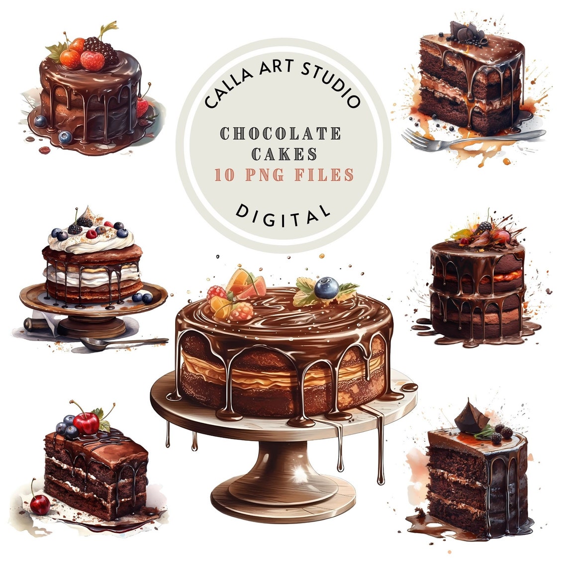Chocolate Cakes Clipart Bundle Sweet Bakery Watercolor Food Clip Art Birthday Party Summer ...