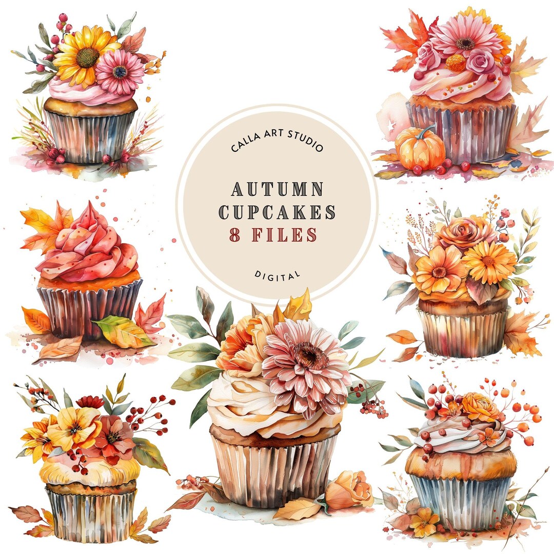 Fall Cupcakes Clipart, Floral Cupcakes, Autumn Clipart, Bakery Clipart ...