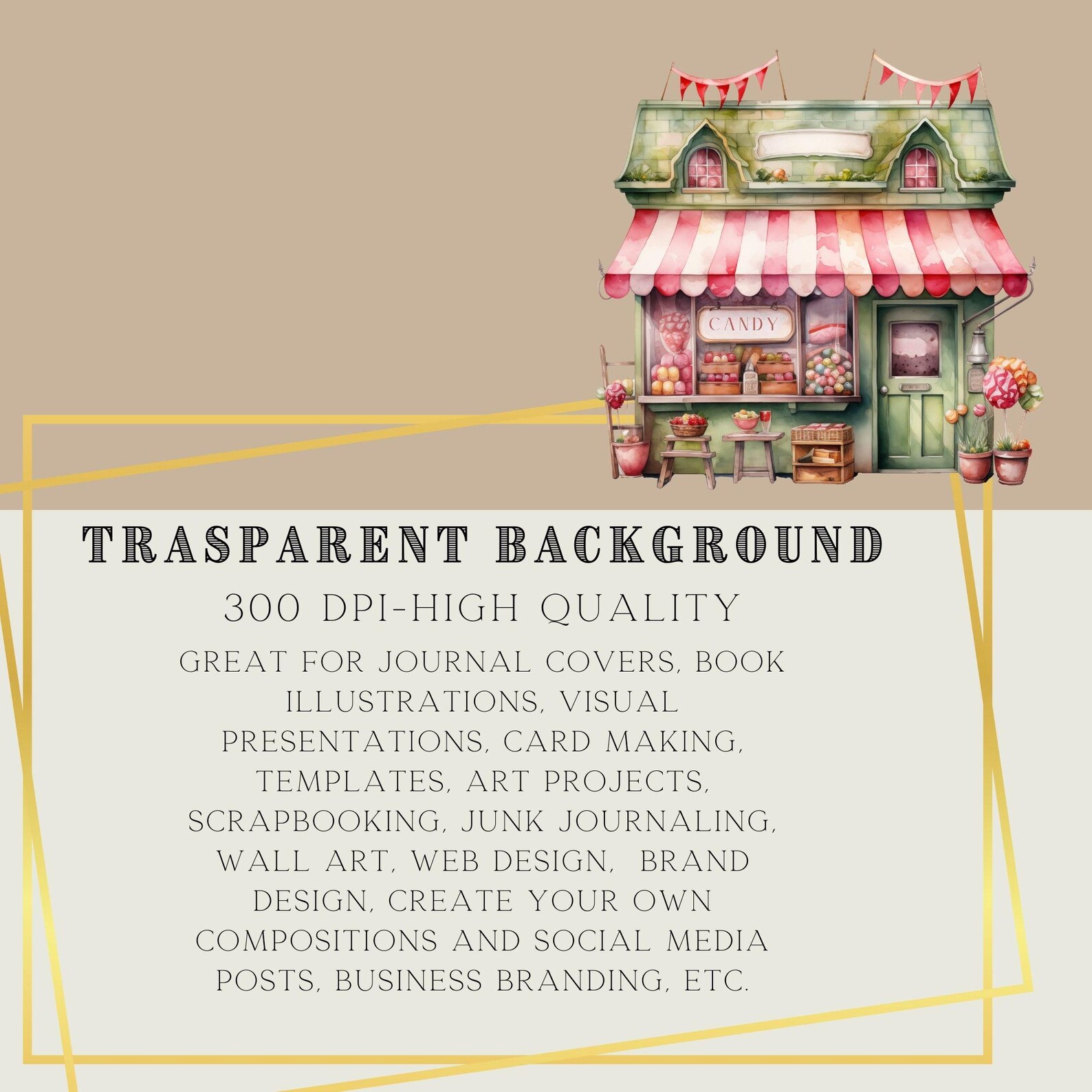 Candy Shop Watercolor Clipart, Vintage Shop PNG for Cardmaking ...