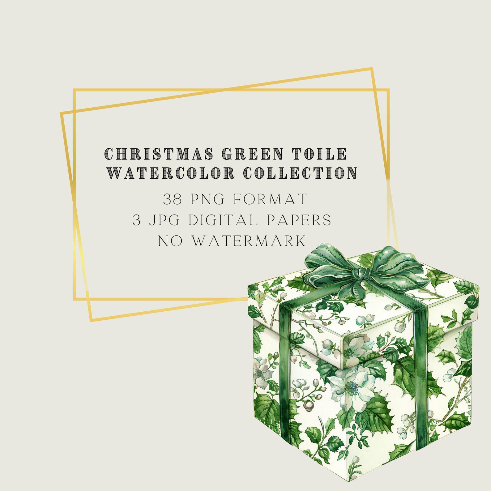 Christmas Toile Clipart Holiday, Green Festive Clipart, Chinoiserie PNG ...