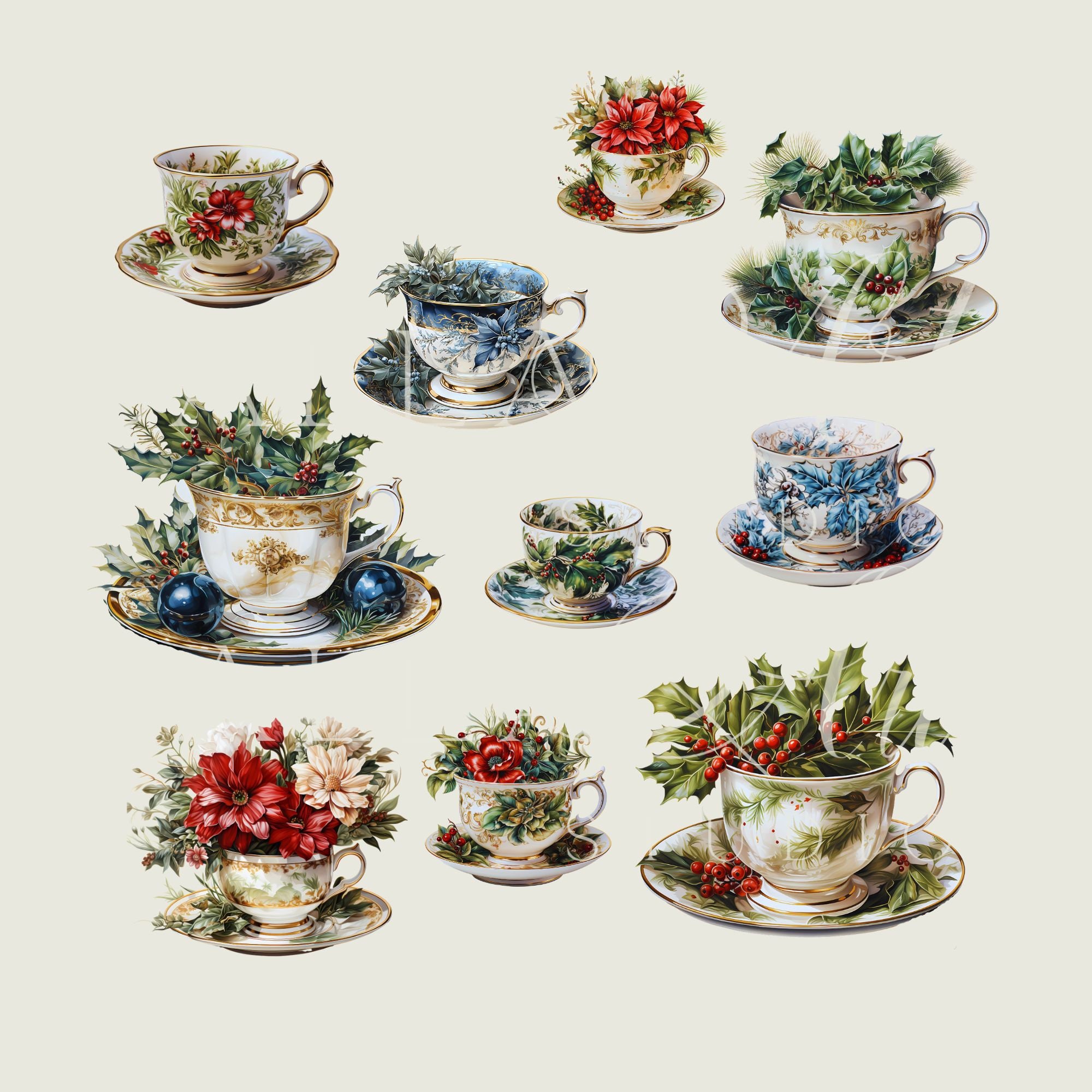 Christmas Teacups Clipart Collection Watercolor Floral Cups Winter ...