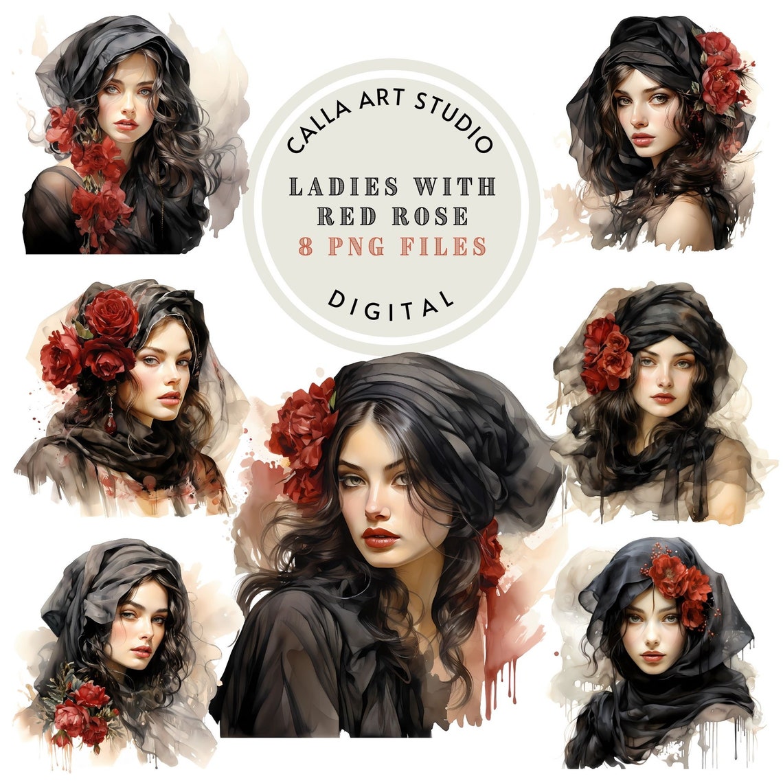 Vintage Ladies With Red Rose Clipart Graphics for Crafting Prints ...
