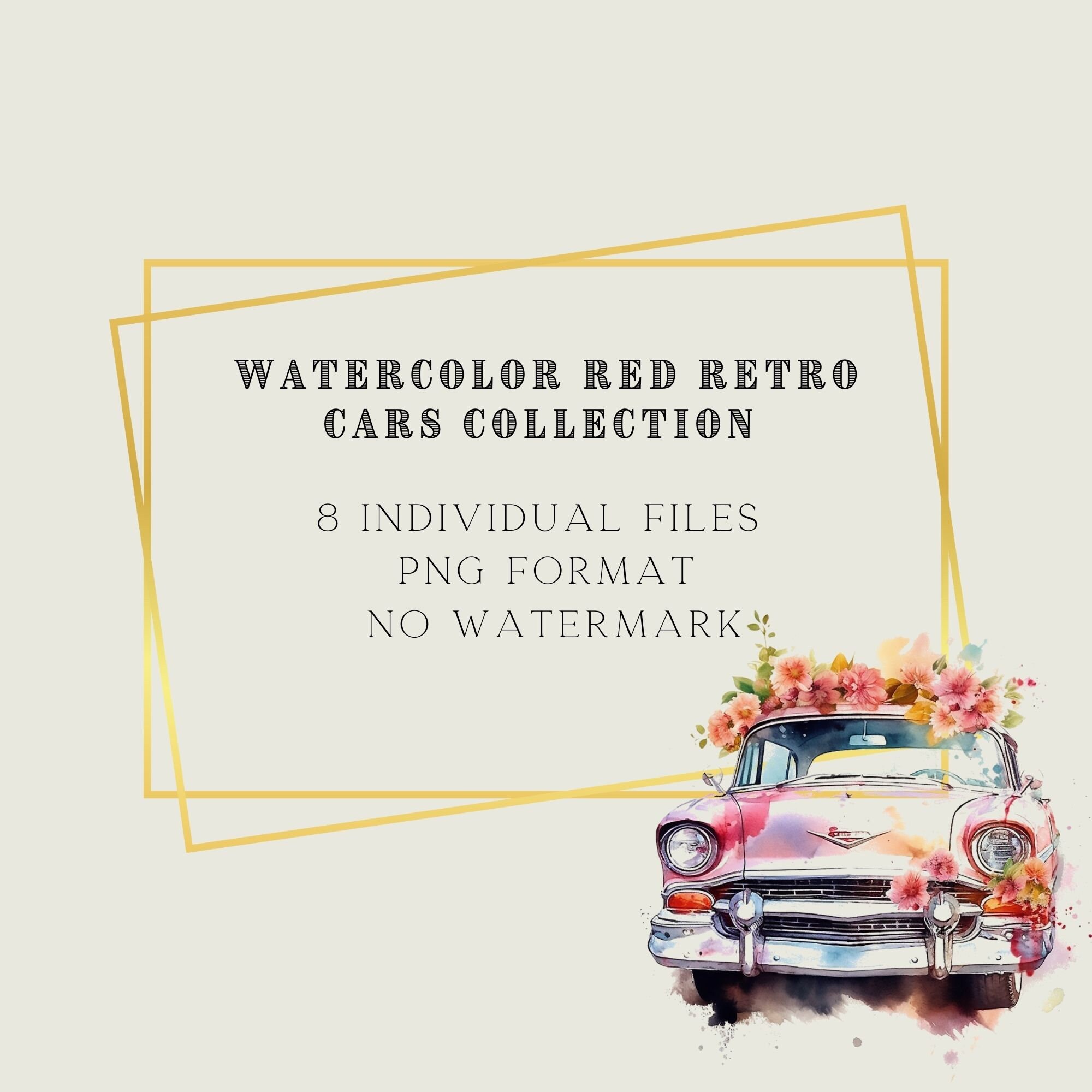 Vintage Cars Watercolor Clipart Bundle PNG Red Car Watercolor Car Clipart for Scrapbooking Retro ...